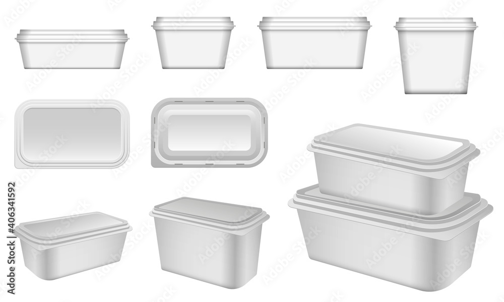 set of realistic plastic container packaging or plastic food container ...