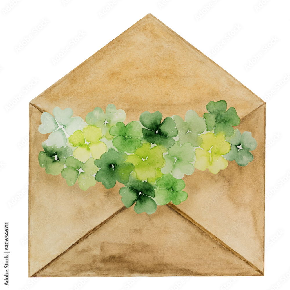 Beautiful watercolor drawing of a postal envelope with a cloverleaf ...