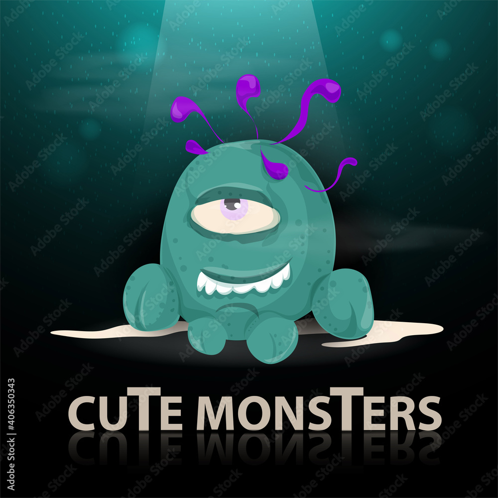 flat illustration cartoon cute monster blue creature with spots and one ...