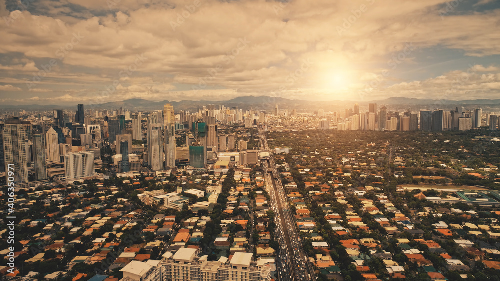 Sun town cityscape at downtown aerial. Sunlight at streets and roads ...