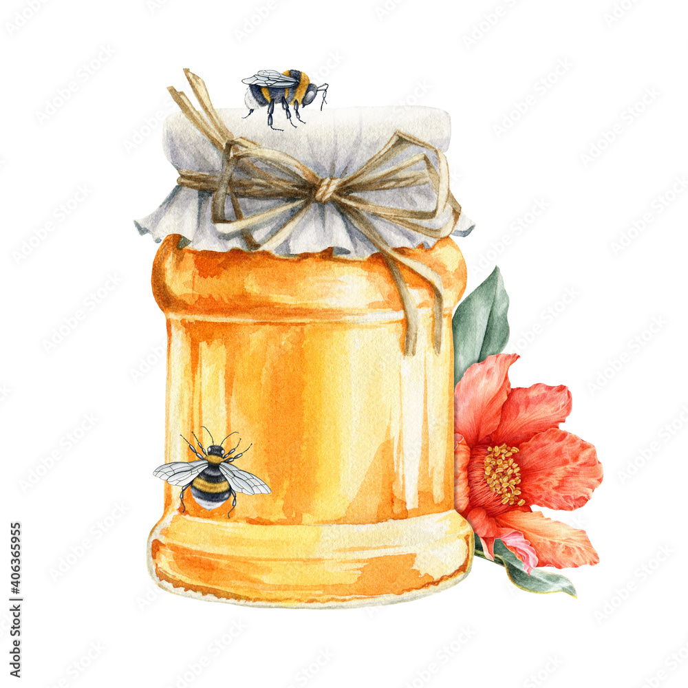 Honey glass jar with bee and flowers watercolor image. Realistic ...