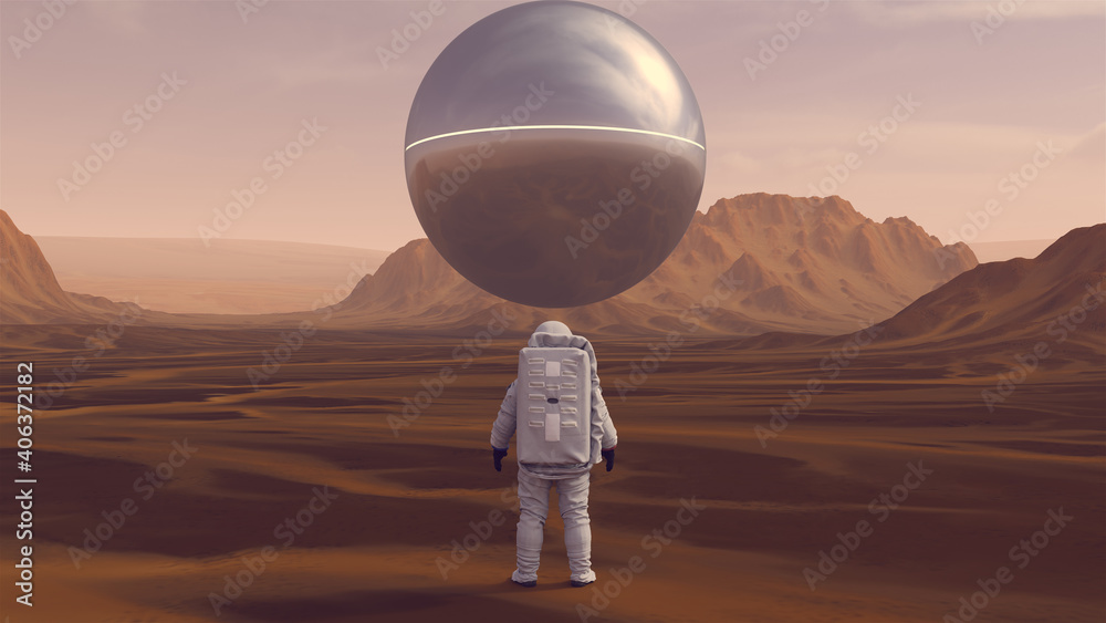 Astronaut Space Explorer and Large Alien Silver Orb Sphere with Glowing ...