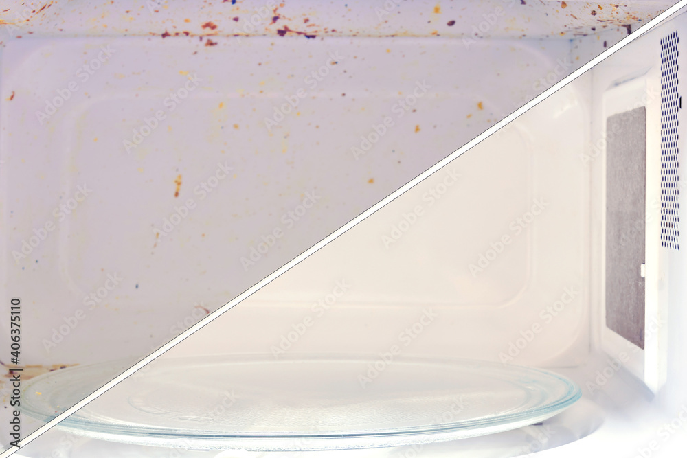 Dirty microwave before and after washing. Hygiene problems and cleaning ...