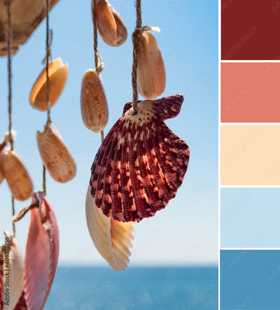Bright coral red orange yellow tones of seashells decoration, hanging ...