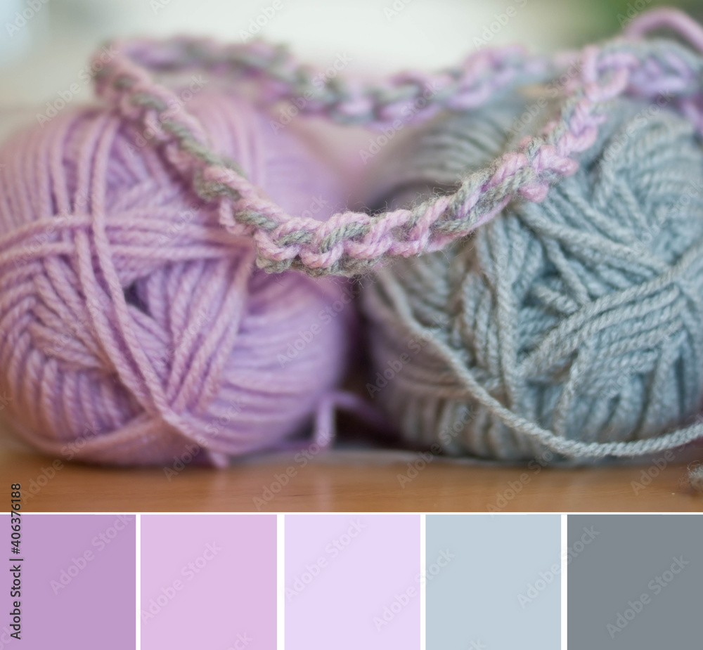 Close up colorful yarn texture background, violet lavender pink and ...