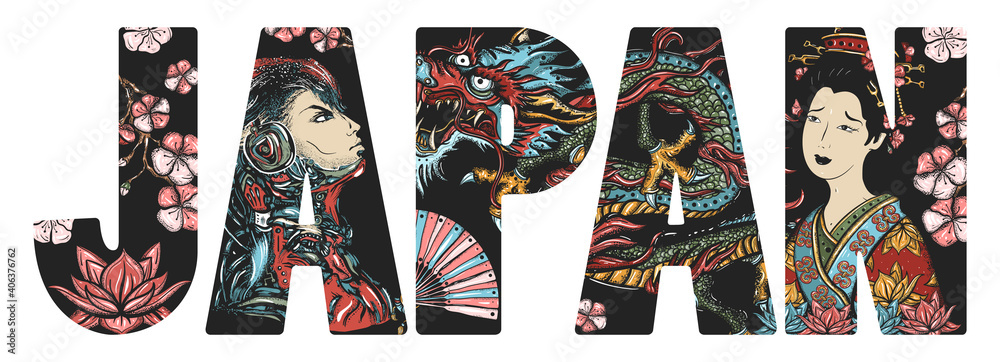 Japan slogan. Asian art. Japanese dragon, sakura flowers, geisha woman ...