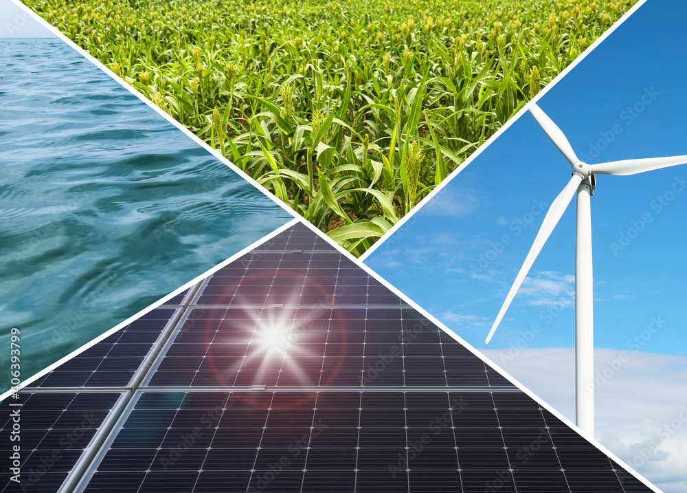 Collage with photos of water, field, solar panels and wind turbine ...