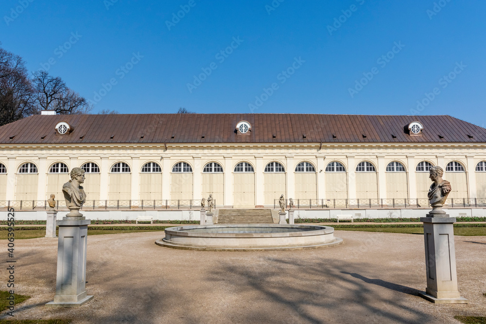 Exterior of the Old Orangerie building and garden in Lazienki Park ...