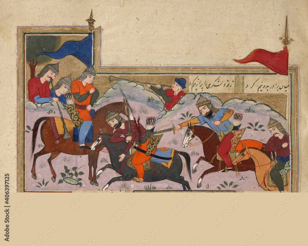 Closeup of the page in a Persian Manuscript-A battle between Iranians ...