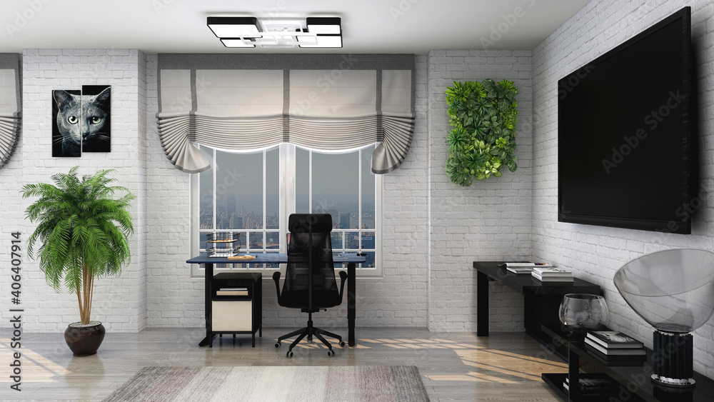 Urban home office, photorealistic 3D Illustration of the interior ...