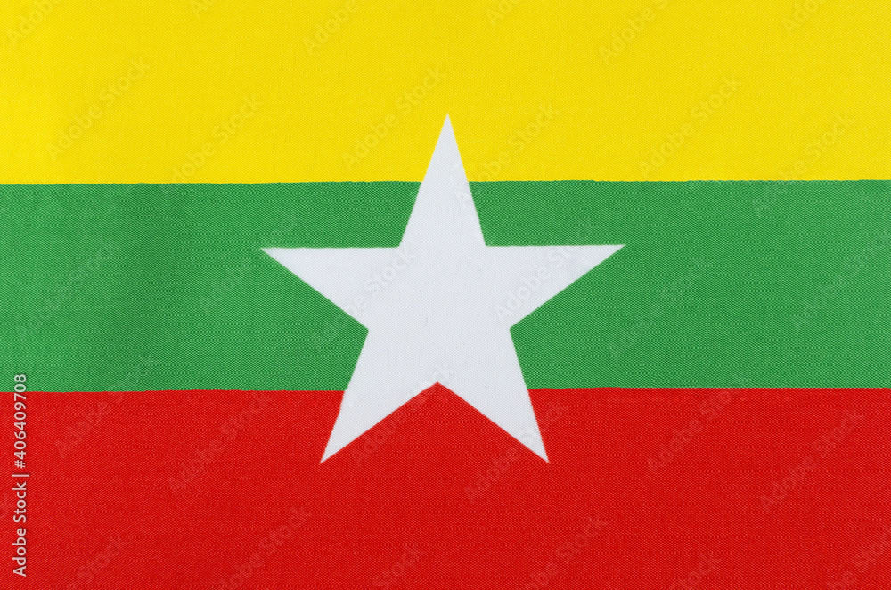 Myanmar national flag close-up on fabric base Stock Photo | Adobe Stock
