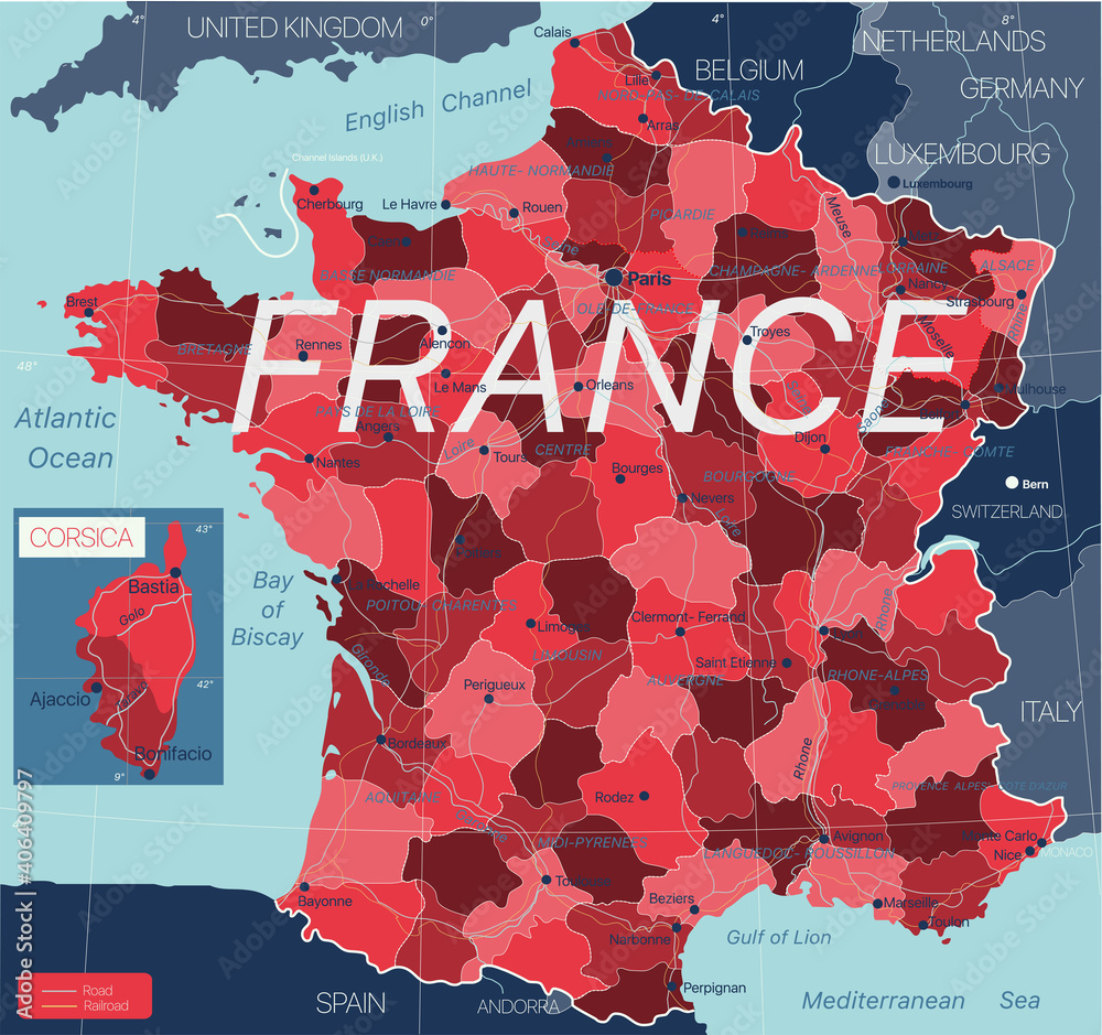 France country detailed editable map with regions cities and towns ...