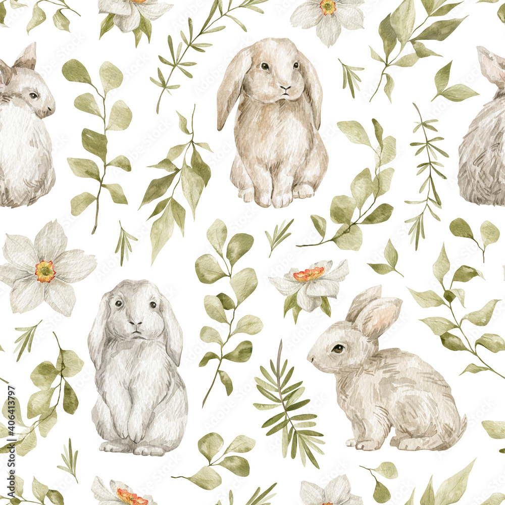 Watercolor seamless pattern with cute white rabbits and leaves. Wild ...