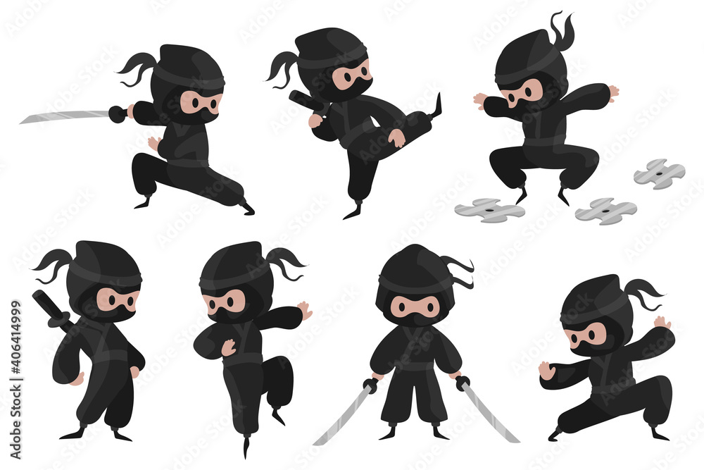 Plakat Ninja character. Cute cartoon fighter with sword for children ...