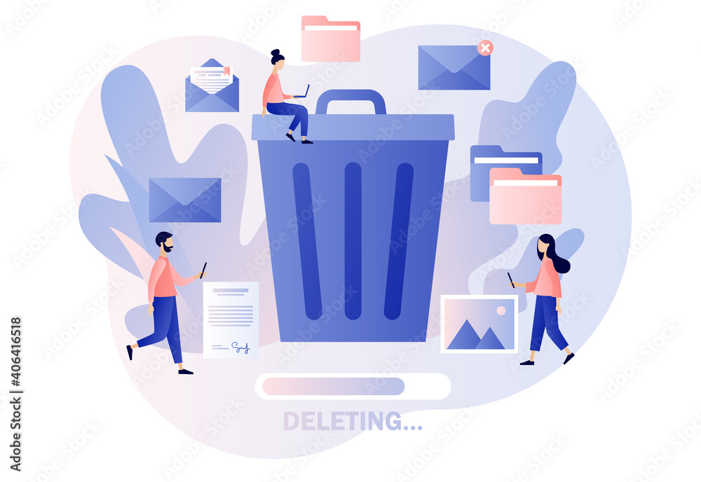 Delete concept. Tiny people deleting data and move unnecessary files to ...