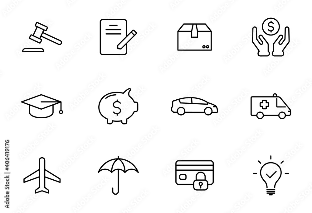 Insurance outline vector icons isolated on white. Insurance icon set ...