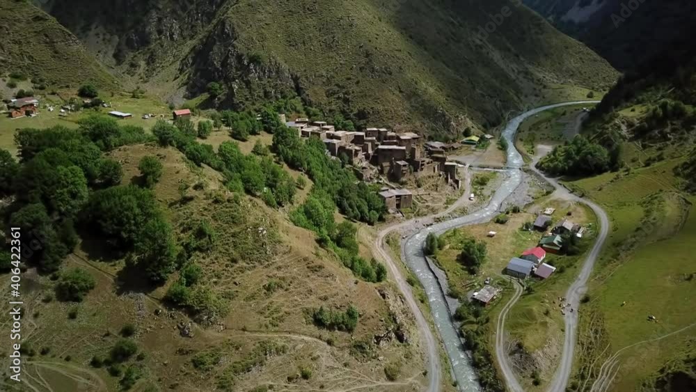 Shatili valley village settlement ruins at base of greater Caucasus ...
