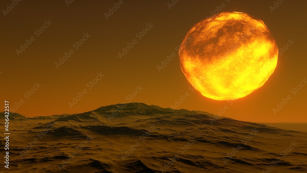 realistic surface of an alien planet, view from the surface of an exo ...