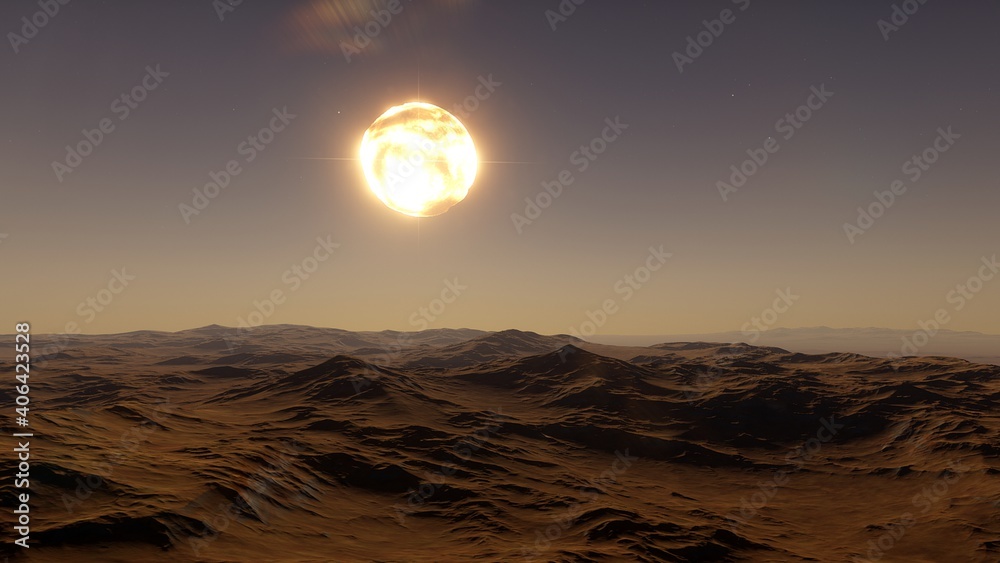 realistic surface of an alien planet, view from the surface of an exo ...