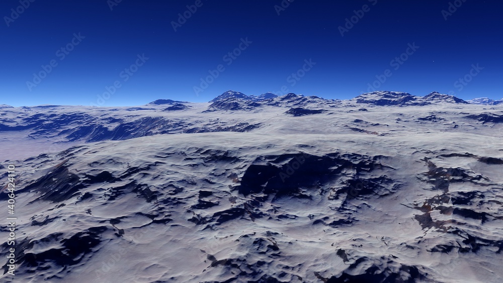 realistic surface of an alien planet, view from the surface of an exo ...