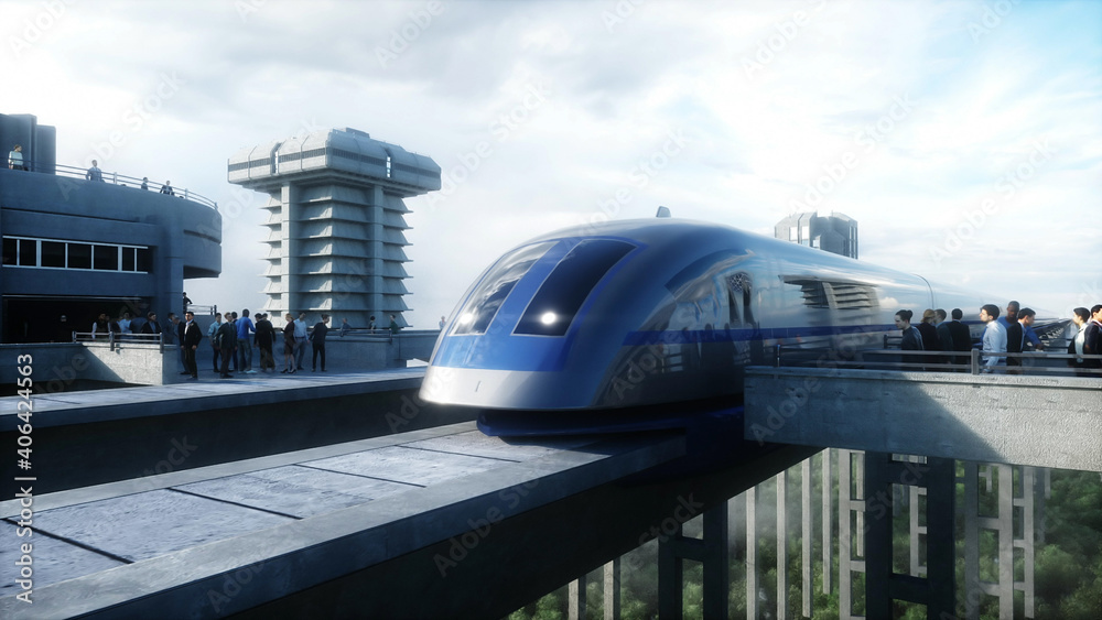 futuristic train station with monorail and train. traffic of people ...
