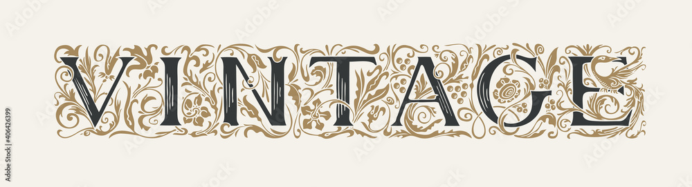 The inscription Vintage in the form of square hand-drawn ornate letters ...