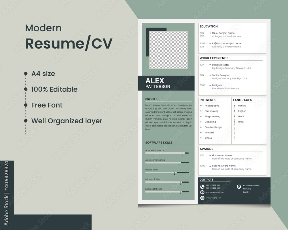 Clean Resume /CV Template; Modern Resume/CV Vector Template; A4 size ...