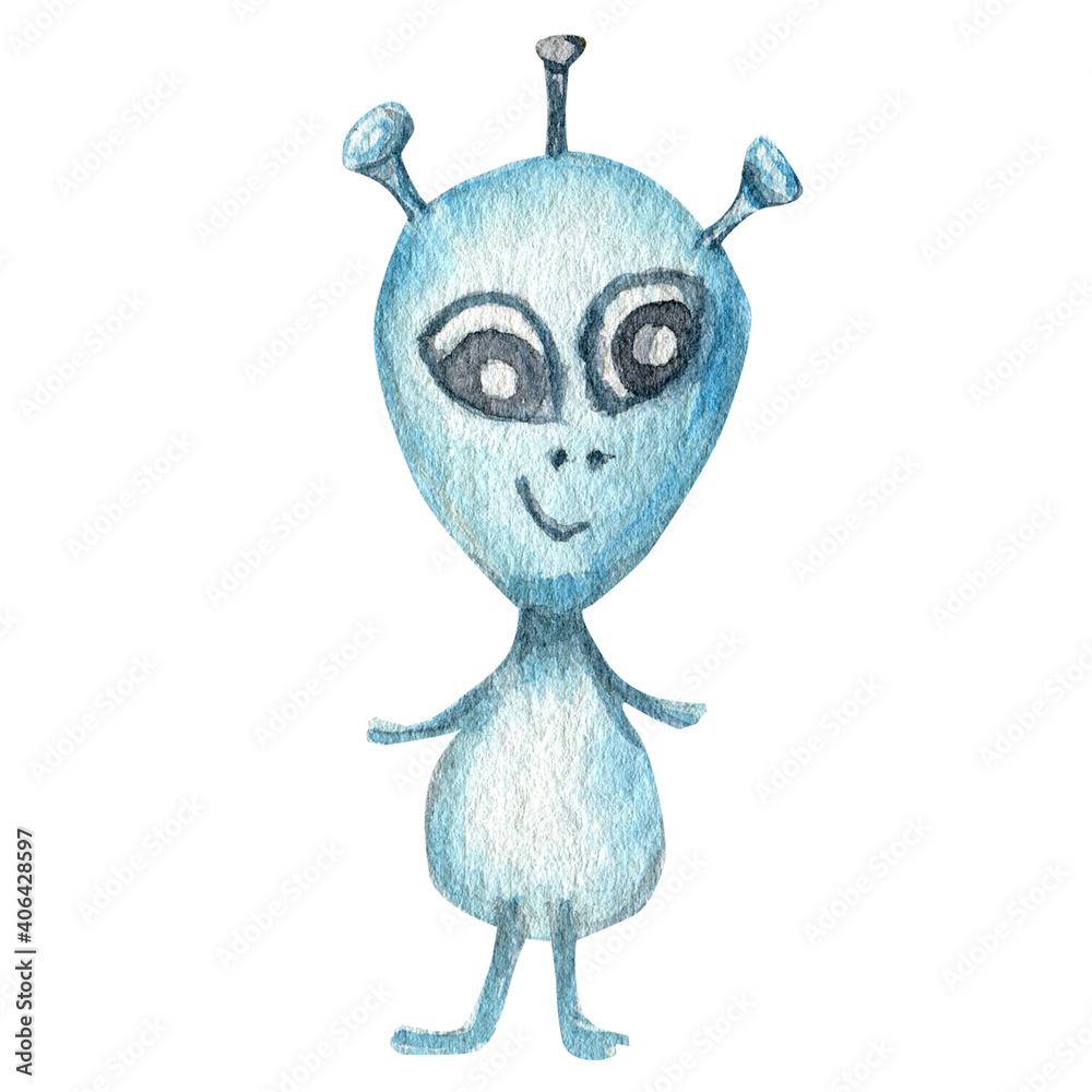 Blue funny happy cartoon alien space monster. Watercolor isolated ...