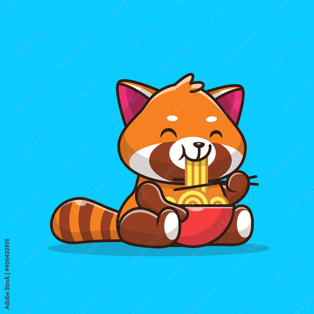 Cute Red Panda Eating Noddle Cartoon Vector Icon Illustration. Animal ...