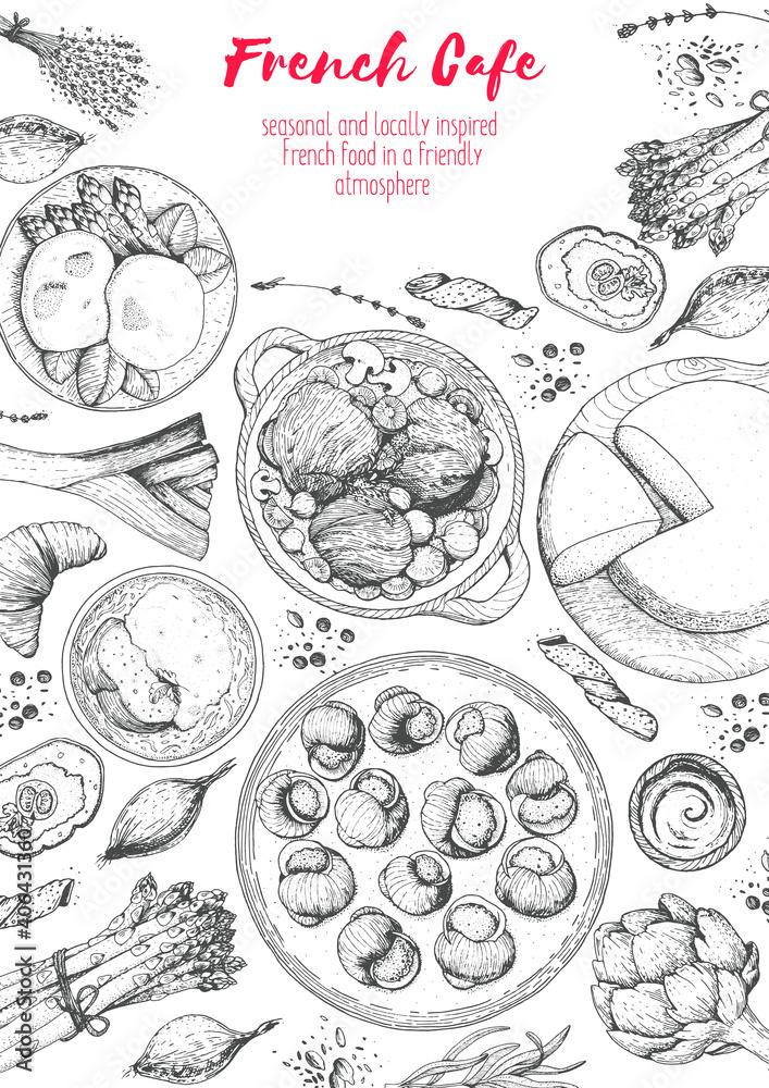 French cuisine top view frame. A set of classic French dishes with ...