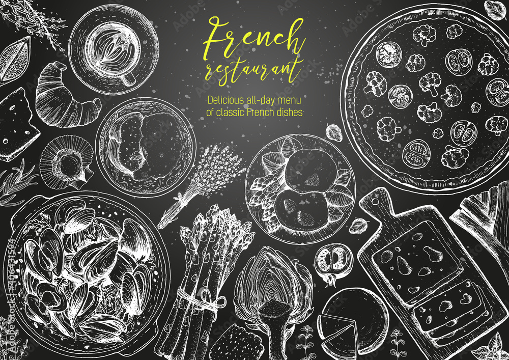 French cuisine top view frame. A set of classic French dishes with ...