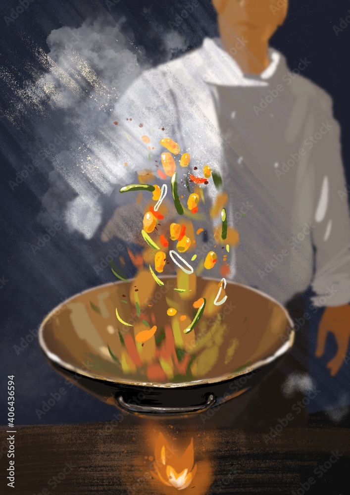 Chef cooking vegetables in wok pan on kitchen table. Flying wok with ...