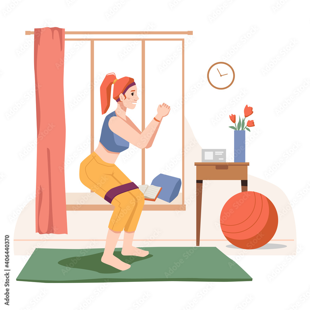Female personage doing exercises and sports during quarantine at home ...