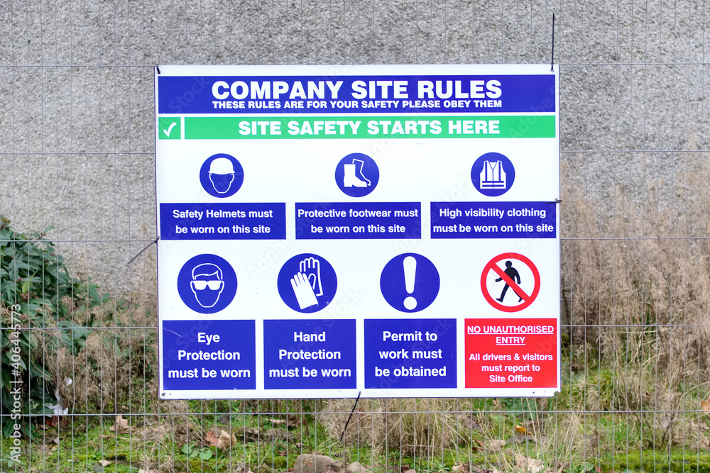 Construction site health and safety message rules sign board signage on ...