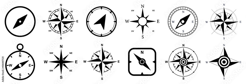 Compass set icons, navigation equipment sign, wind rose icon, compass ...