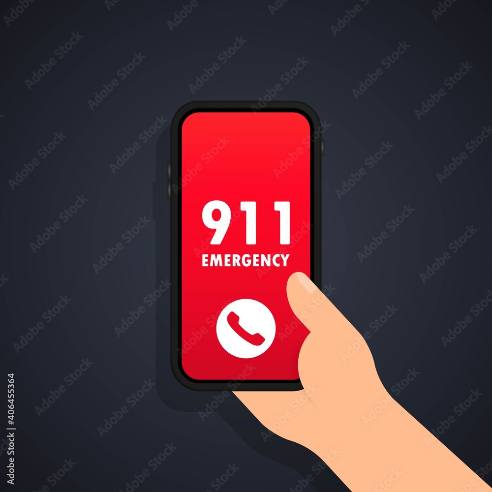 Call 911 icon. Emergency call concept. Hand holding smartphone, finger ...