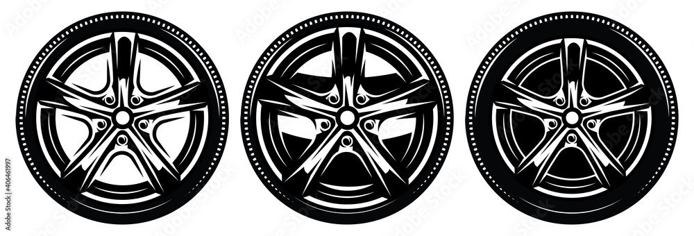 Car metal rim with tire. Set of vector illustrations. Template for logo ...