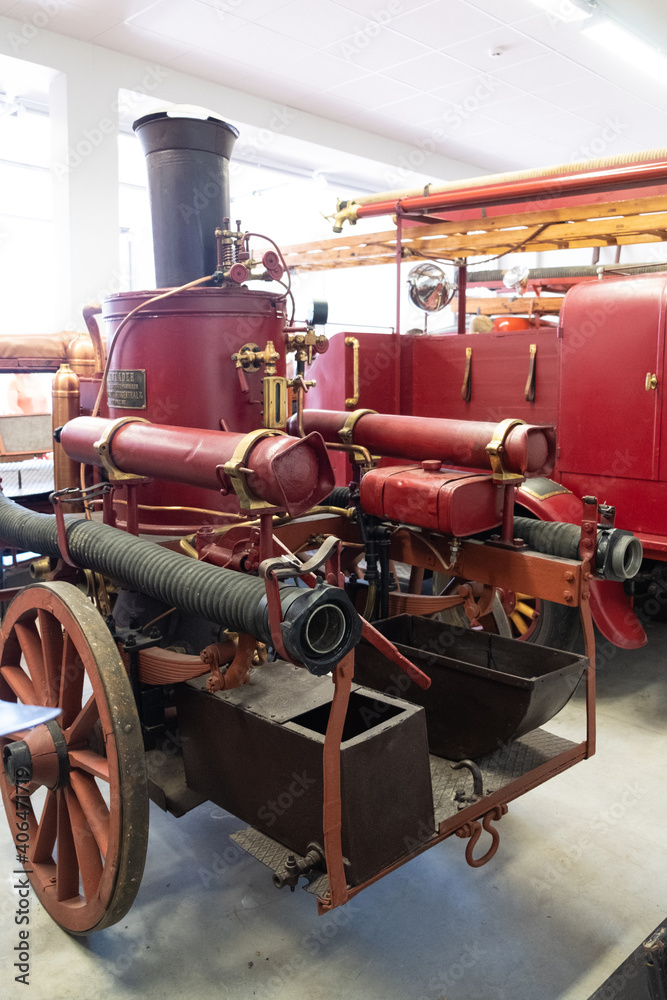 vintage fire extinguishing equipment. Firefighting history. Stock Photo ...