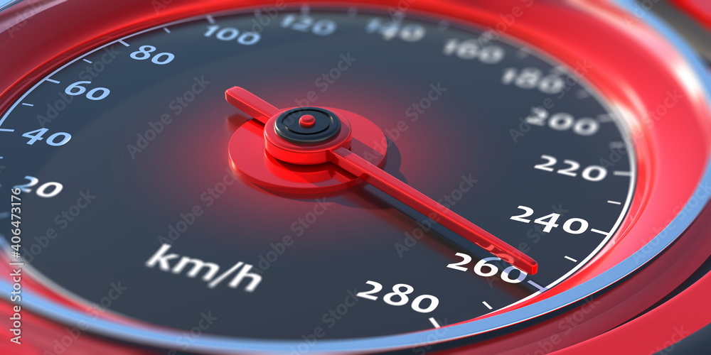 Car speedometer, high speed on dashboard gauge closeup view. 3d ...