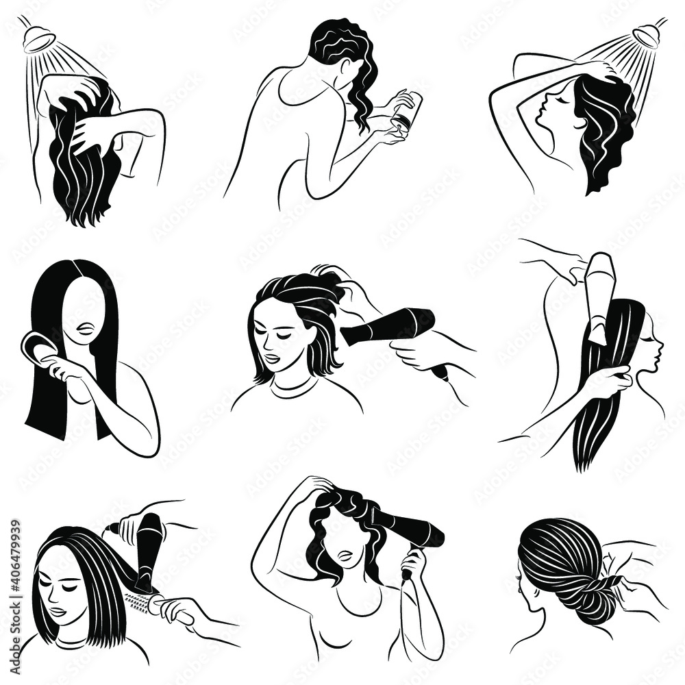 Collection. The woman washes her hair in the shower. Lady blow-drying ...