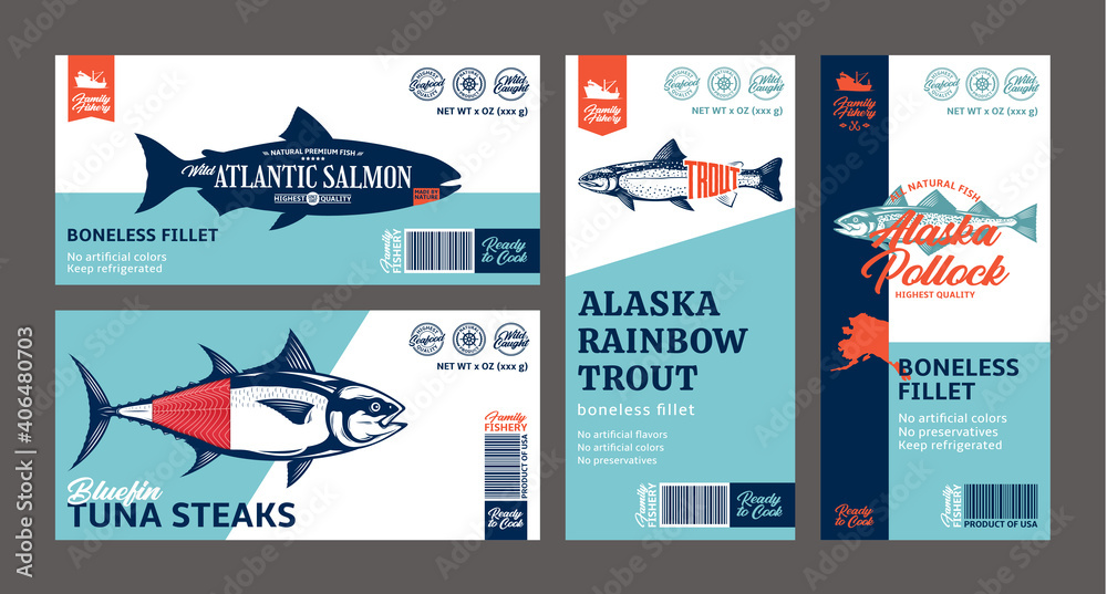Vector fish horizontal and vertical modern style labels. Salmon, trout ...