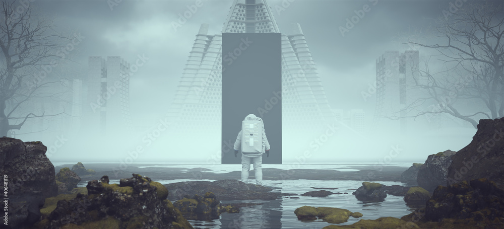 Astronaut Alien Landscape Mysterious Black Obelisk Floating near a ...