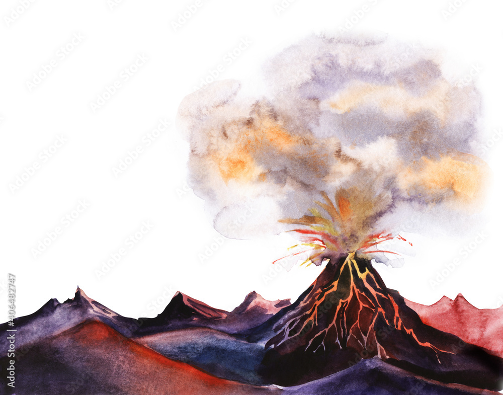 Watercolor bottom border template. Landscape of scorched rocky terrain ...