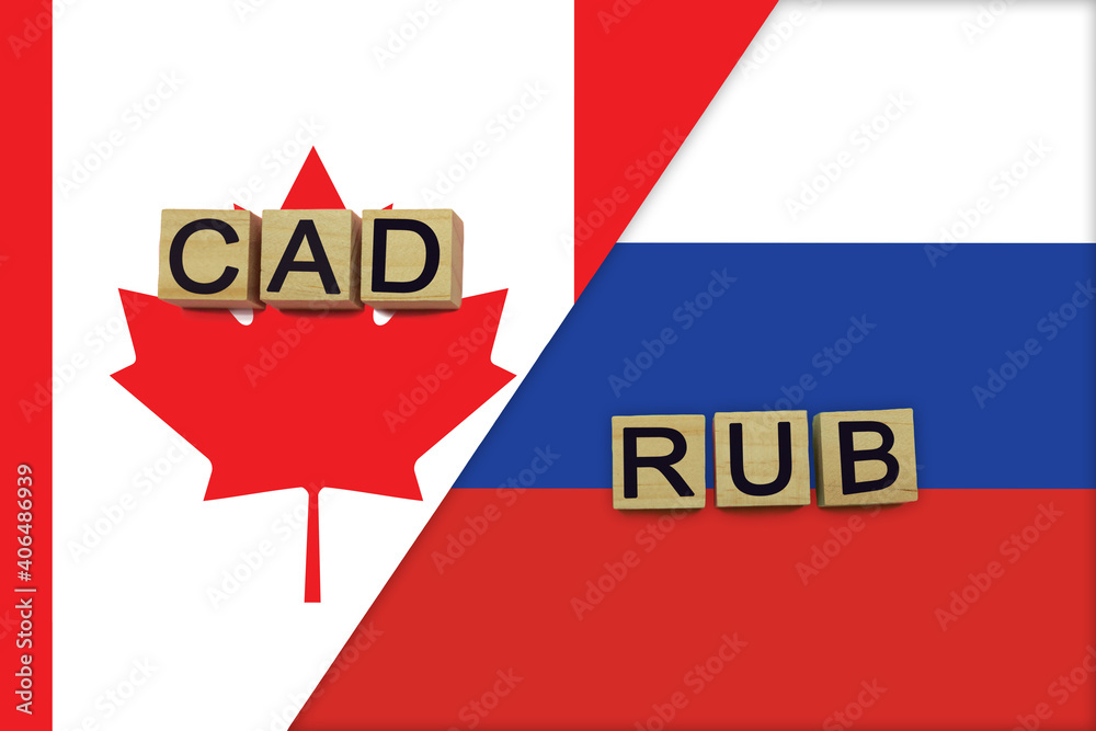 Canada and Russia currencies codes on national flags background Stock ...