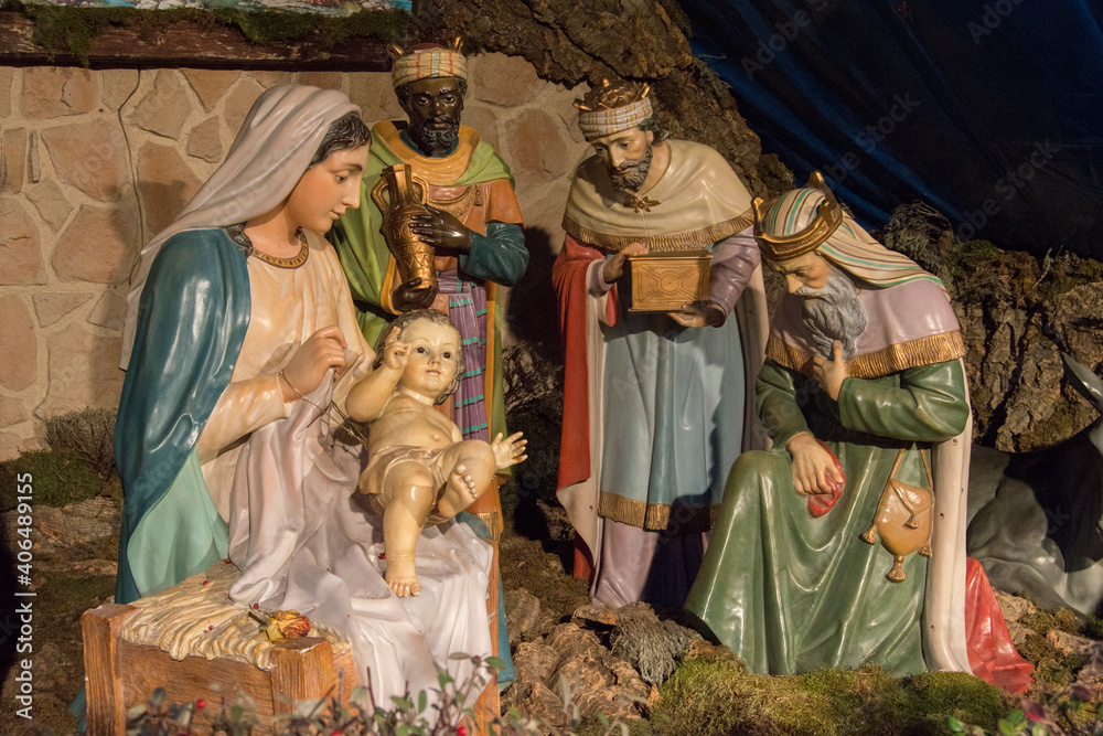 ceramic figures representing the adoration of the Magi in a Christmas ...