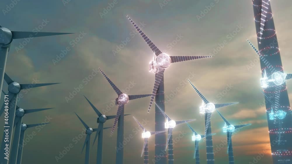 Wind Turbines with digital particles 4k. High quality 4k footage Stock ...