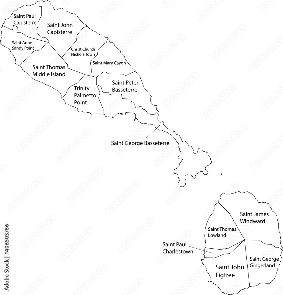 White vector map of Saint Kitts and Nevis with black borders and names ...