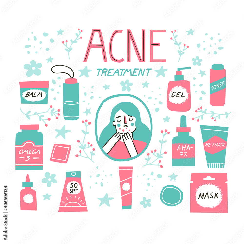 Acne skin concept. Skincare and dermatology elements set such as ...