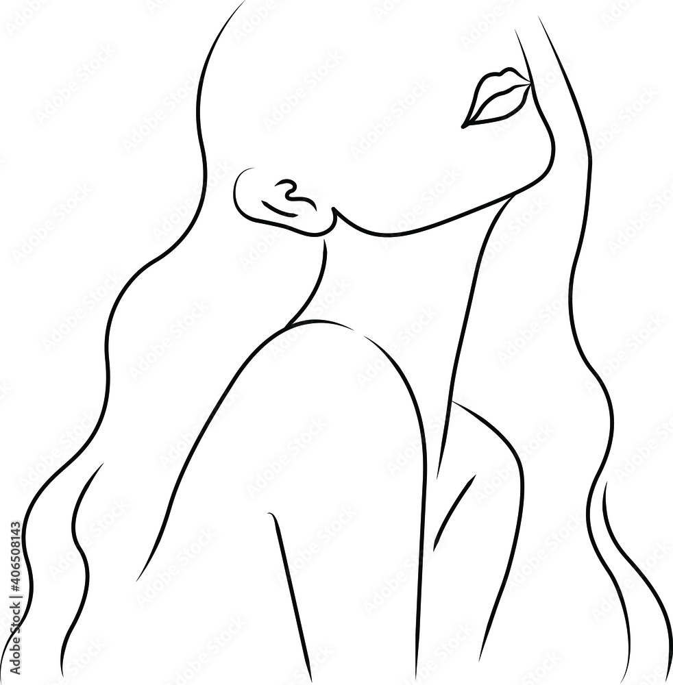 Minimalist silhouette of woman with long curly hair. Black and white ...