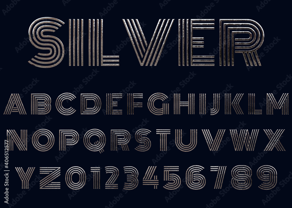 Line letters and numbers with glossy metal texture (chrome, steel ...
